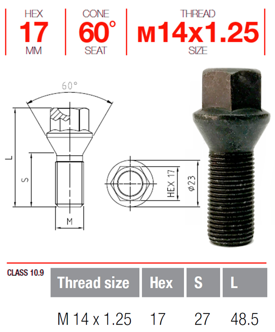 M14 x 1.25 thread Taper seat 17mm hex alloy wheel bolts Black O.E style ...